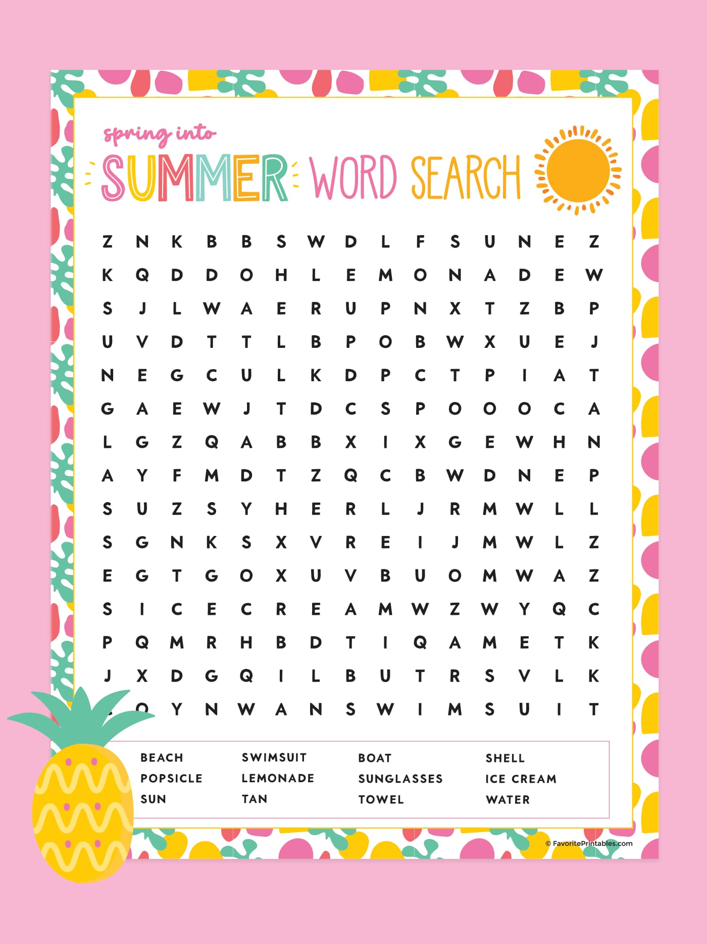 Summer Word Search Printable PDF with Answers for Kids
